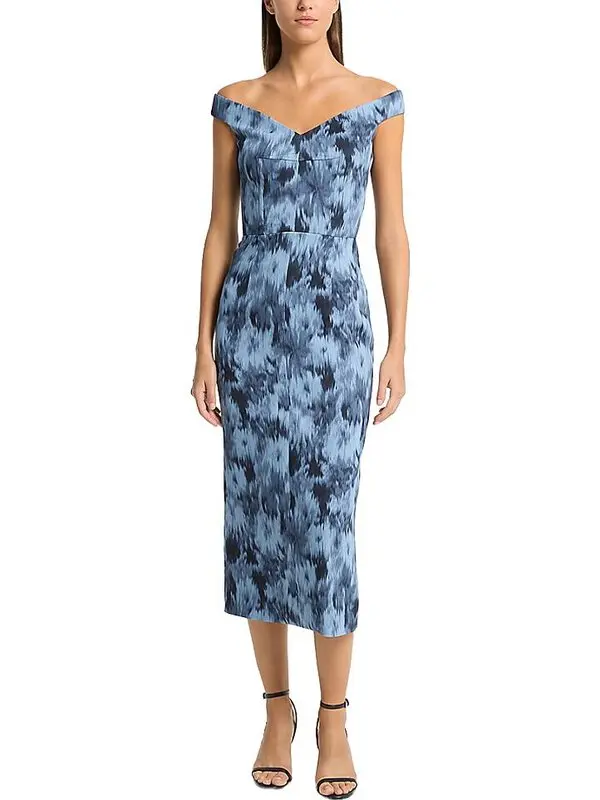 Michael Kors Floral Cady Portrait Neck Dress - Lake Multi