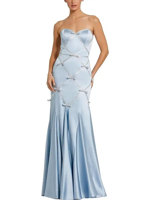 Mac Duggal Strapless Satin Mermaid Gown With Bows - Powder Blue Silver