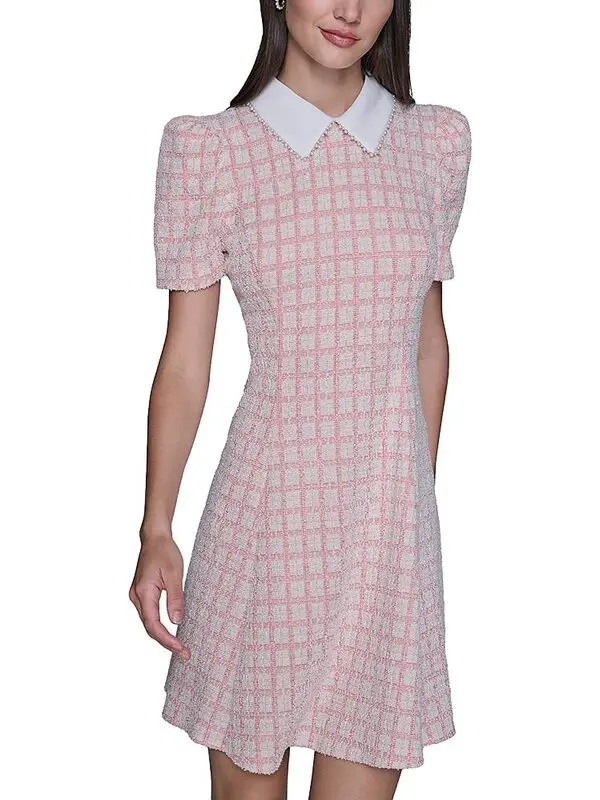 Karl Lagerfeld Paris Short Puff Sleeve Tweed Dress - Hot Coral/ Soft White
