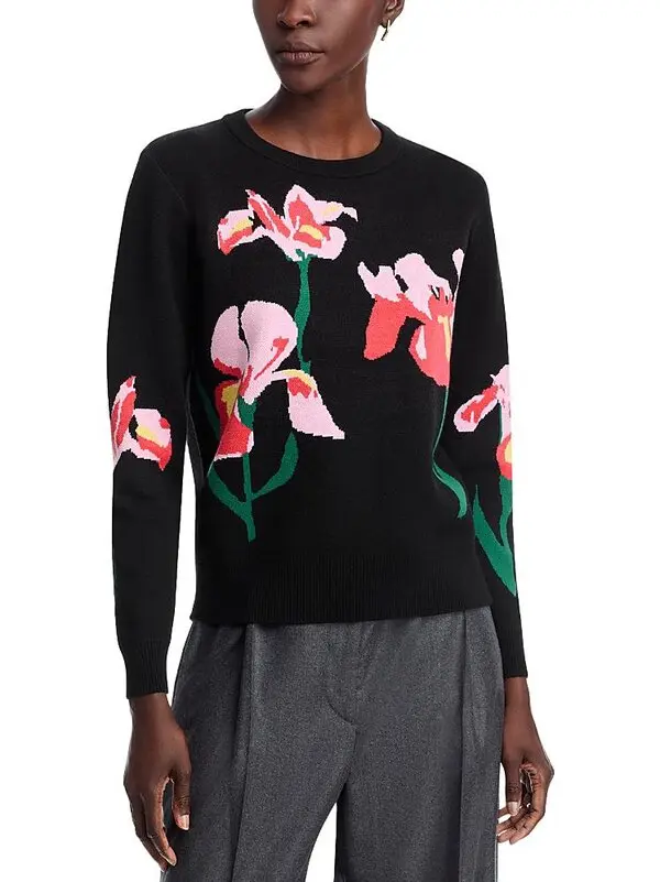 T Tahari Long Sleeve Flower Jacquard Crewneck Pullover - Black/ Orchid Pink