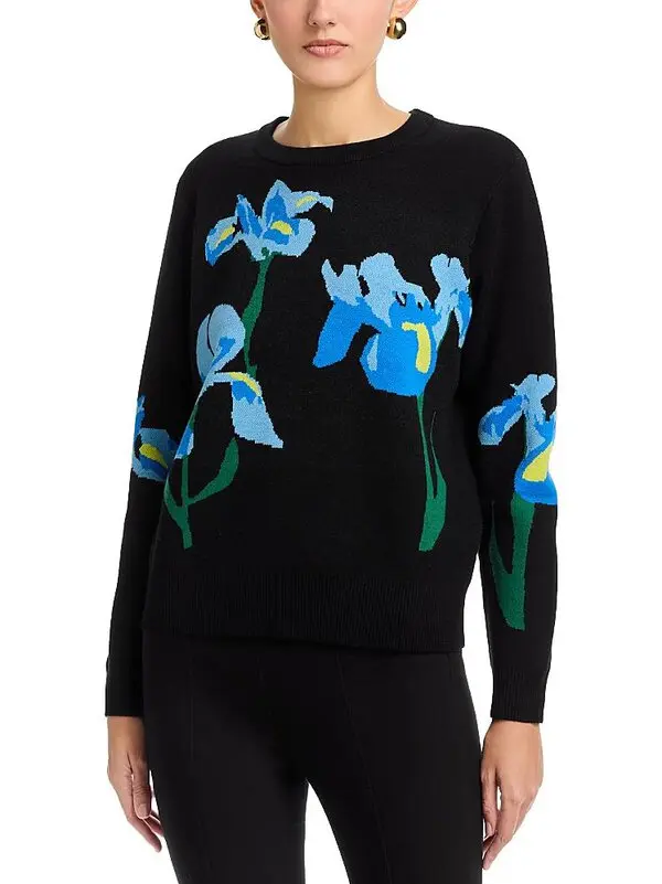 T Tahari Long Sleeve Flower Jacquard Crewneck Pullover - Black/ Twilight
