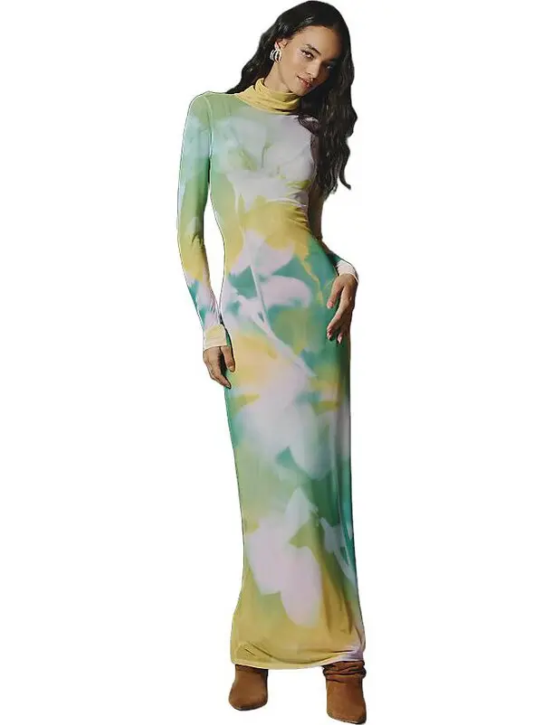 AFRM Billie Mock-neck Maxi Dress - Green Pattern