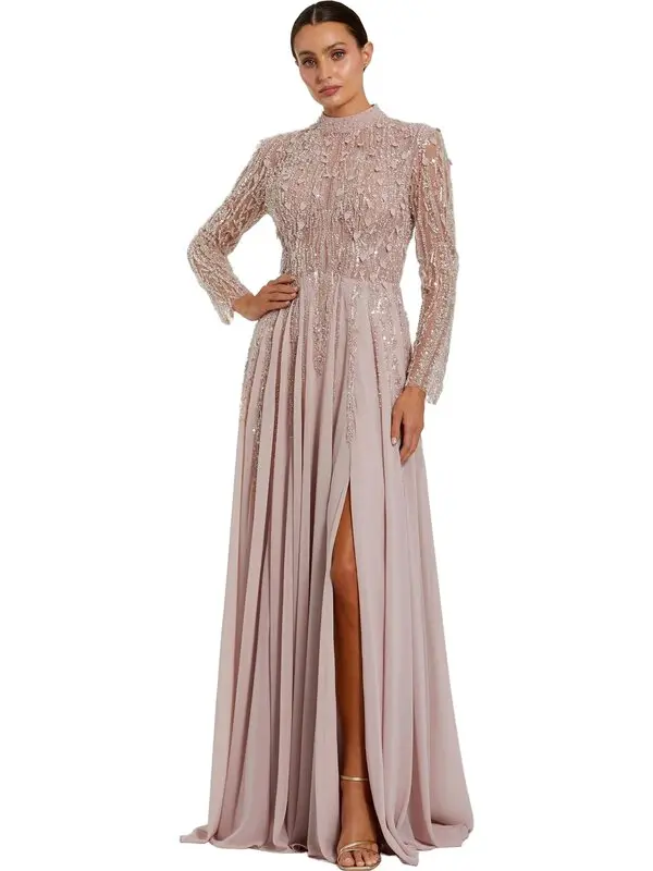 Mac Duggal Embellished Long Sleeve Gown With Slit - Dusty Rose