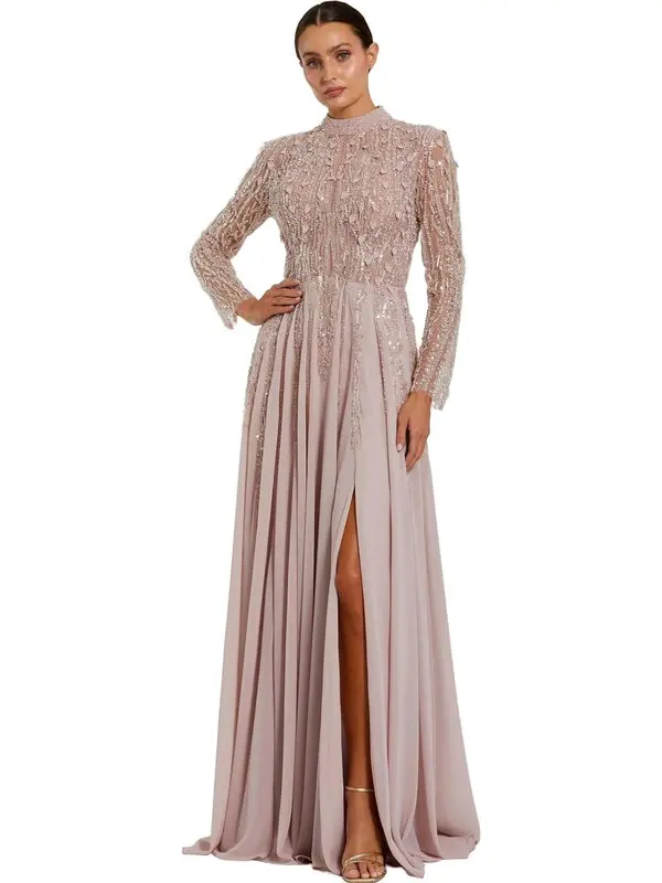 Mac Duggal Embellished Long Sleeve Gown With Slit - Pink