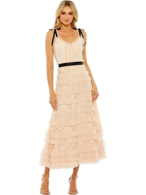Mac Duggal Lace Tiered Midi Dress - Porcelain