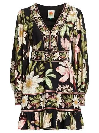 Farm Rio Mini Flared Floral-print Crepe Dress - Black