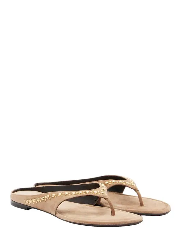 HERBERT LEVINE Sun Kissed Embellished Suede Thong Sandals - Beige
