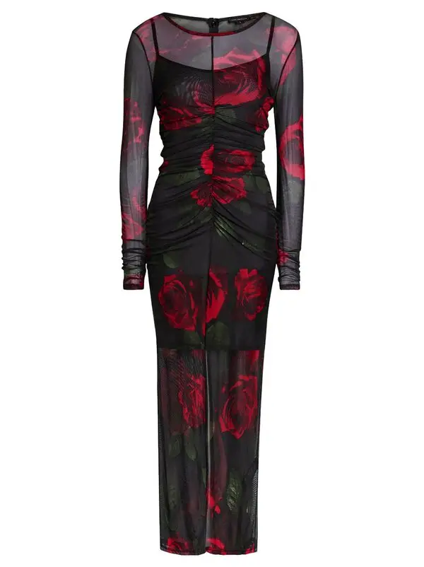 Good American Floral-print Ruched Mesh Maxi Dress - Dark Red