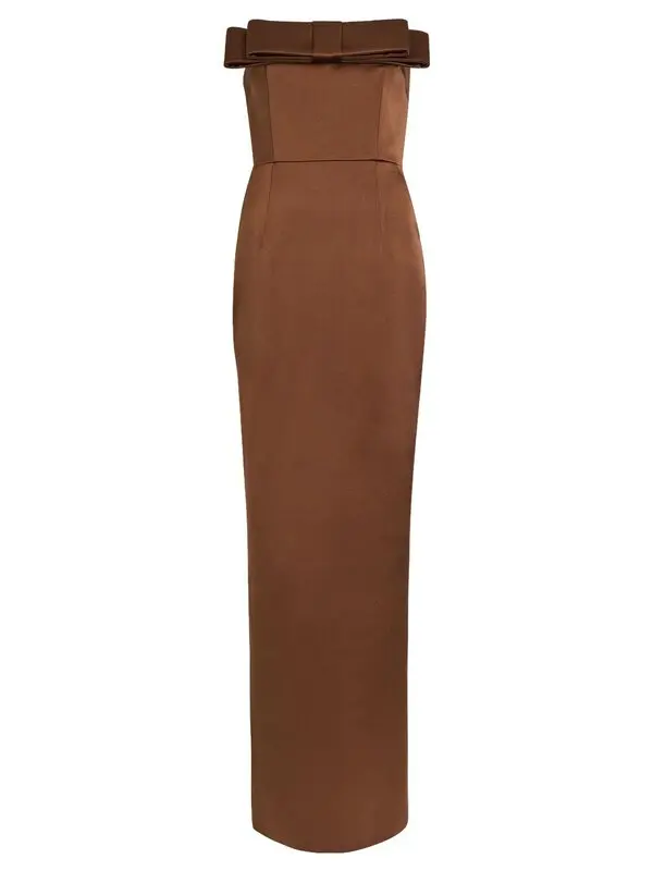 THE NEW ARRIVALS ILKYAZ OZEL Strapless Satin Maxi Dress With Bow Appliqu - Brown