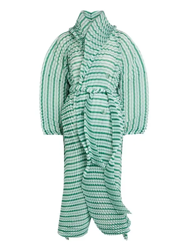 Issey Miyake Striped Pleated Woven Coat With Detachable Neck Tie - Green