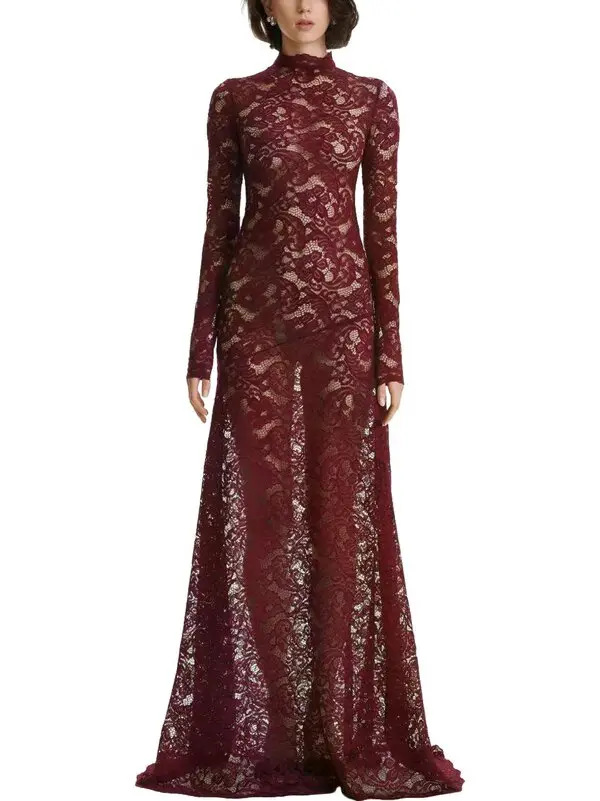 2310 STUDIO Long-sleeves Lace Maxi Dress - Red