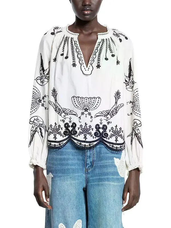 Sea Embroidered V-neck Blouse - White