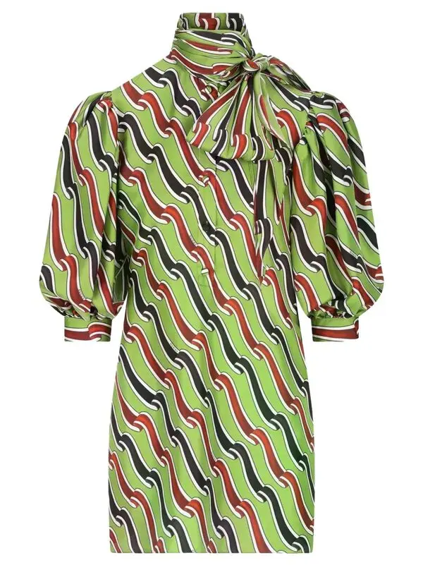 Gucci Bow-neck Patterned Silk Midi Dress - Green