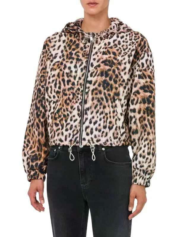 MOSCHINO JEANS Hooded Leopard-print Cropped Jacket - Brown