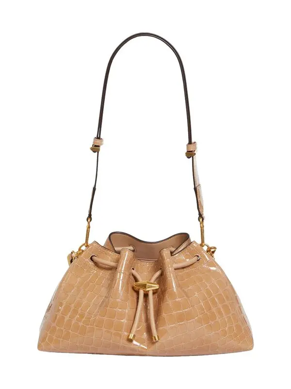 JIMMY CHOO Cinch M Croc-embossed Patent Leather Bucket Bag - Chai/gold