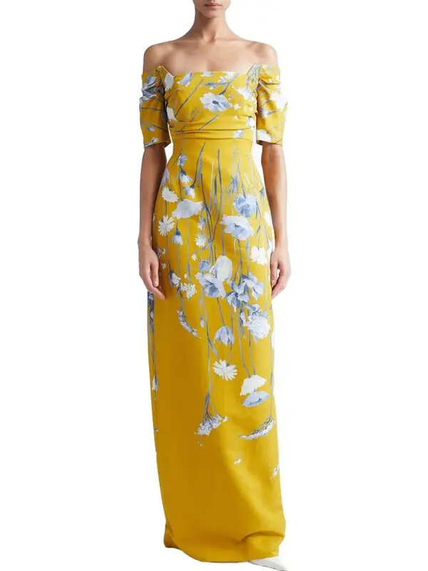 Lela Rose Floral Faille Off-the-shoulder Gown - Ochre Multi