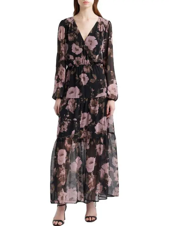 Chelsea28 Floral Print Long Sleeve Tiered Maxi Dress - Black Fiona Floral