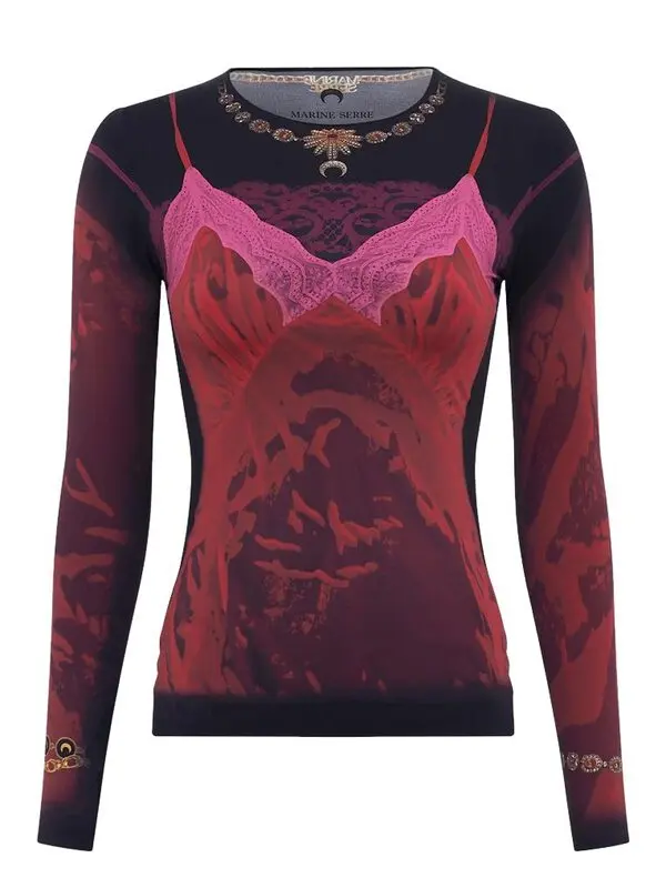 MARINE SERRE Printed Jersey Crewneck Top - Red
