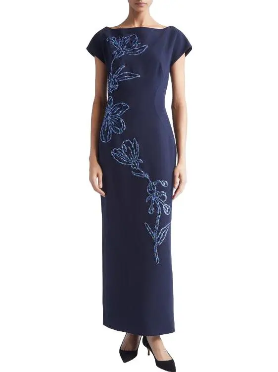 Lela Rose Ikat Floral Embroidered Stretch Crepe Gown - Navy/blue