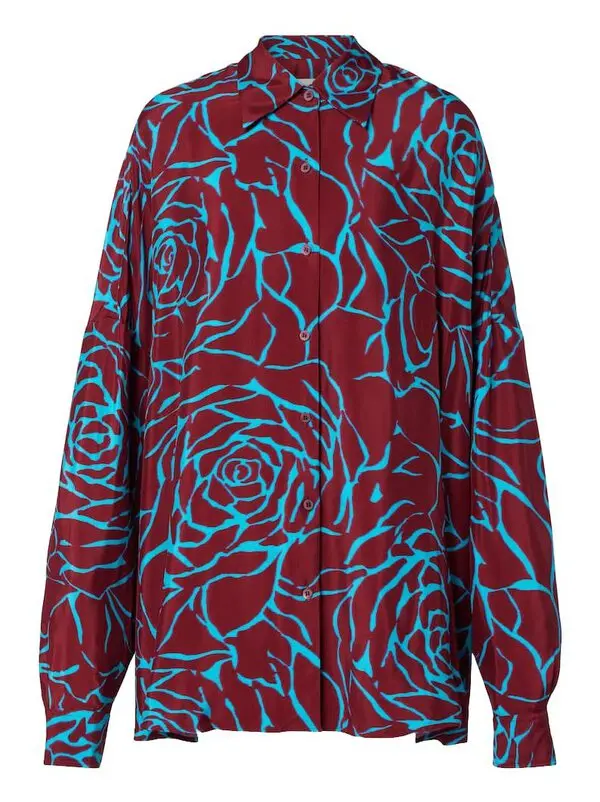 Dries Van Noten Printed Oversized Satin Shirt - Burgundy