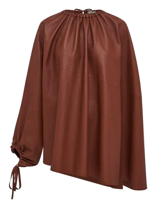 Gabriela Hearst Wilmer Pleated Leather Cape Top - Cognac