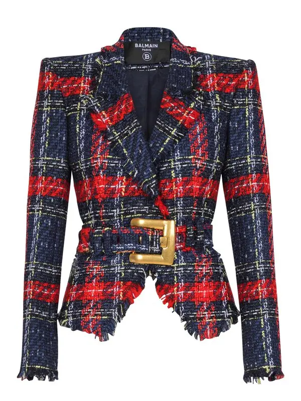 Balmain Belted Plaid Tweed Jacket - Red