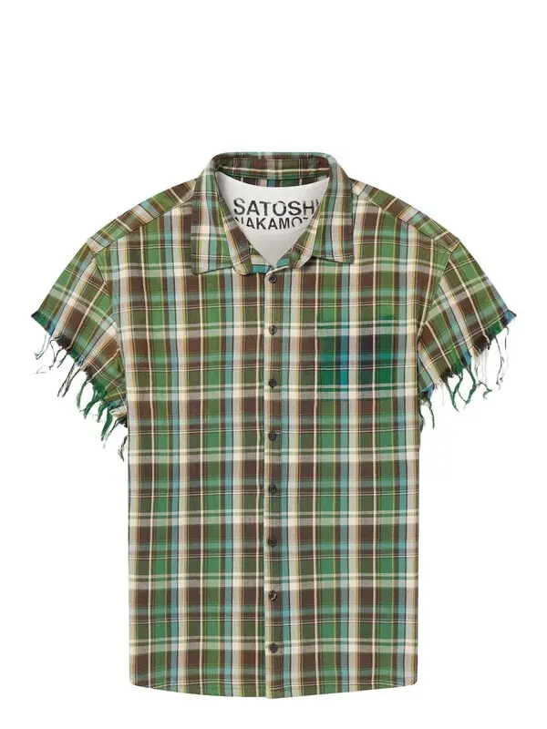 SATOSHI NAKAMOTO Layered Frayed Checked Cotton-flannel And Waffle-knit Shirt - Green