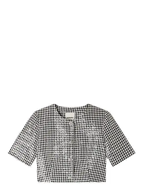 Sandro Houndstooth Cropped Woven Jacket - Black / White