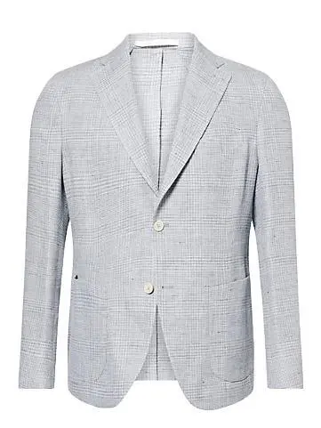 Eleventy Single-breasted Checked Linen And Wool-blend Jacket - Denim