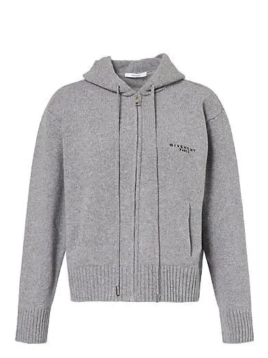Givenchy Logo-embroidered Zip-up Wool And Cashmere-blend Cardigan - Light Grey