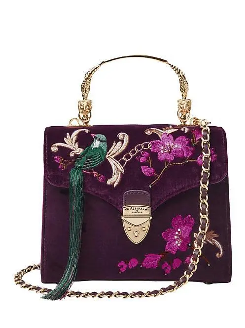 ASPINAL OF LONDON Mayfair Midi Flower-embroidered Leather Shoulder Bag - Cassis