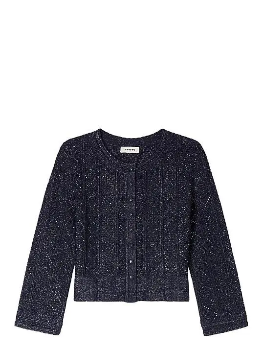 Sandro Cropped Strass-knit Cardigan - Navy Blue