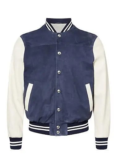 Eleventy Contrast-sleeve Suede Varsity Jacket - Blue, Ivory