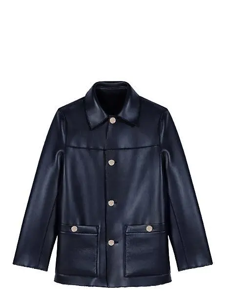 Maje Reversible Faux-leather And Bouclé Jacket - Navy