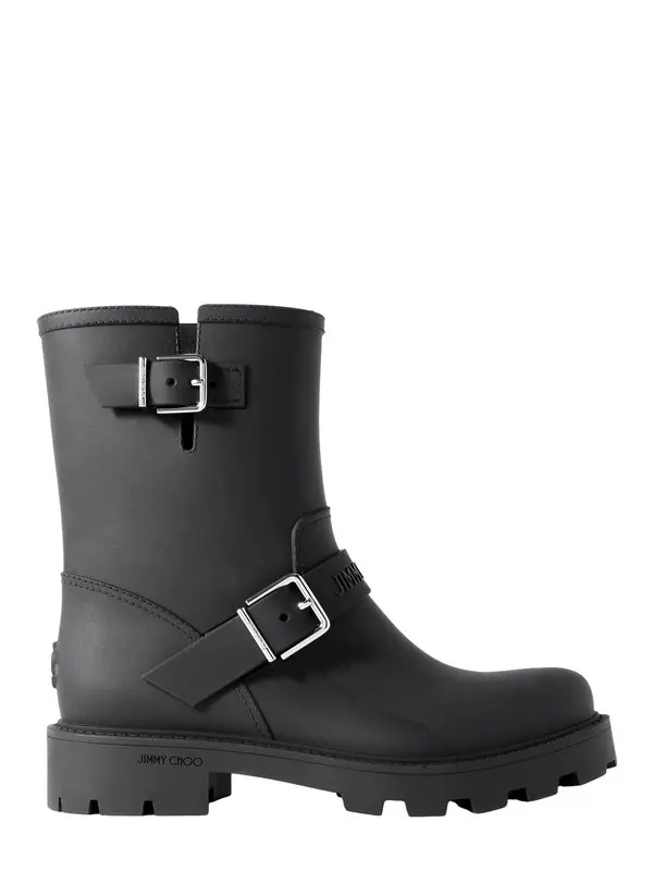 JIMMY CHOO Biker Rain Buckled Rubber Ankle Boots - Black