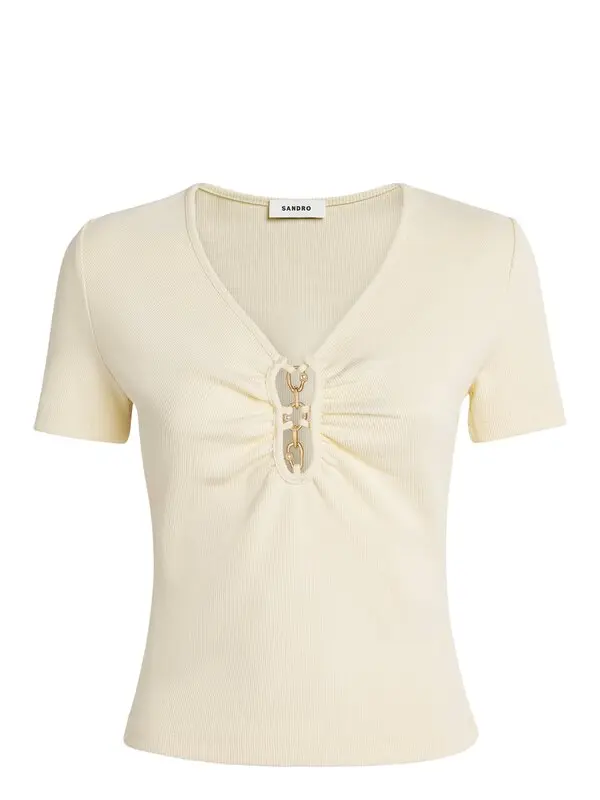 Sandro Stretch-cotton Ruched-detail T-shirt - Beige