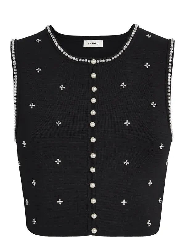 Sandro Knitted Embellished Crop Top - Black