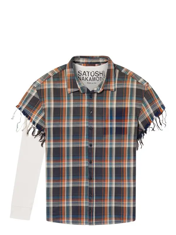 SATOSHI NAKAMOTO Layered Frayed Checked Cotton-flannel And Waffle-knit Shirt - Orange