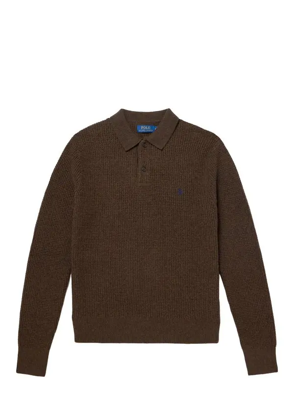 Polo Ralph Lauren Logo-embroidered Waffle-knit Wool And Cotton-blend Polo Sweater - Brown