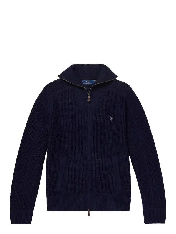 Polo Ralph Lauren Logo-embroidered Ribbed-knit Wool And Cotton-blend Cardigan - Blue