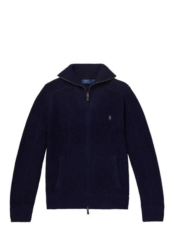 Polo Ralph Lauren Logo-embroidered Ribbed-knit Wool And Cotton-blend Cardigan - Navy