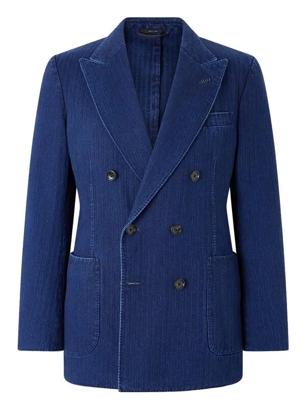 TOM FORD Double-breasted Herringbone Denim Blazer - Blue