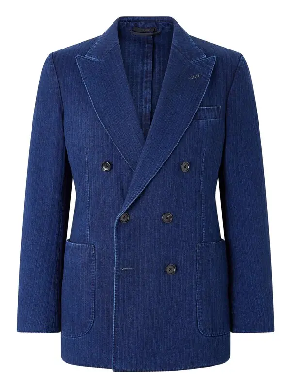 TOM FORD Double-breasted Herringbone Denim Blazer - Indigo