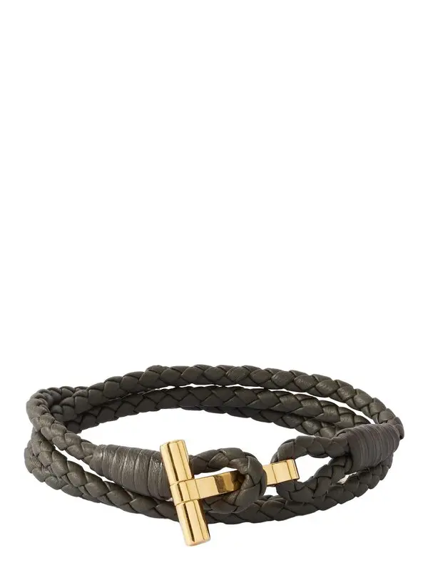 TOM FORD Woven Leather Wrap Bracelet With Gold-plated T-bar Fastening - Green