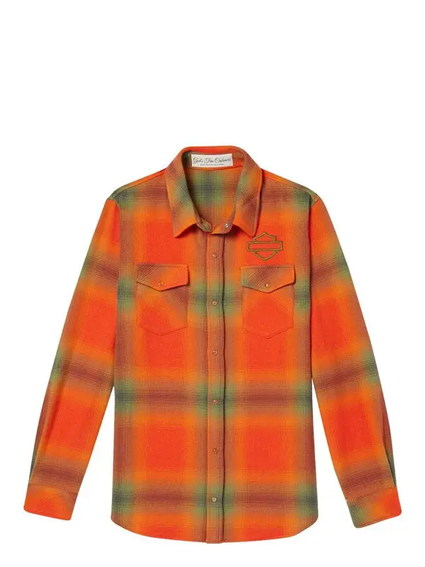 GOD'S TRUE CASHMERE Harley-davidson Olive Logo-embroidered Checked Cashmere-flannel Shirt - Orange
