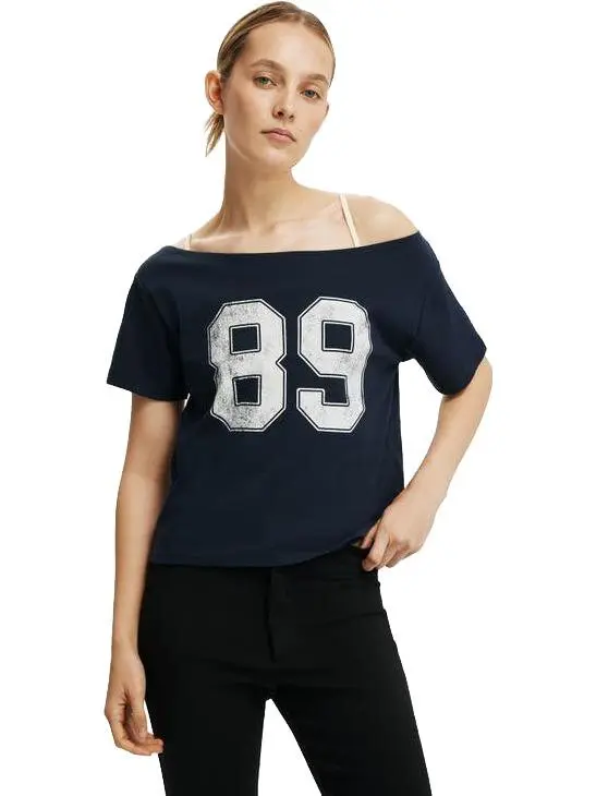 COTTON ON The Sporty Off Shoulder Graphic Tee - 89  Total Eclipse