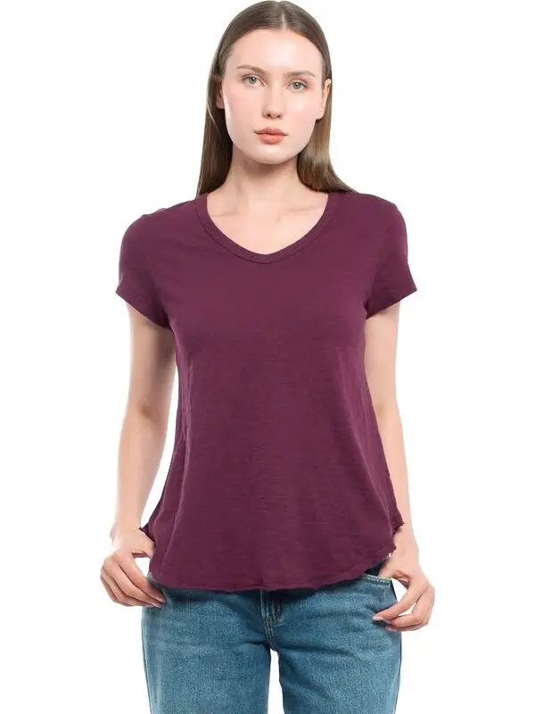 WILT CLOTHING Short Sleeve Shrunken V-neck Shirt-tail Top - Dark Fig