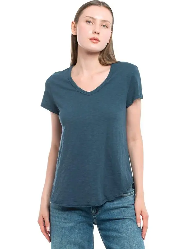 WILT CLOTHING Short Sleeve Shrunken V-neck Shirttail Top - Legion Blue