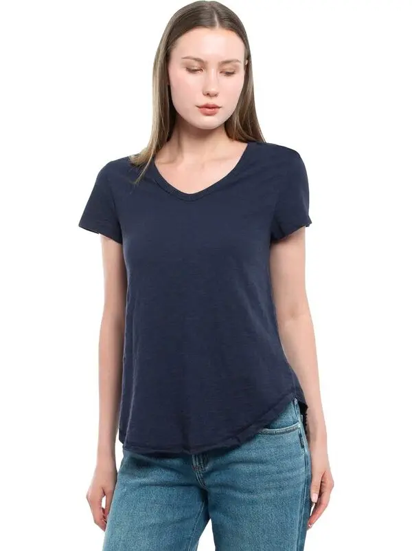 WILT CLOTHING Short Sleeve Shrunken V-neck Shirttail Top - Peacoat