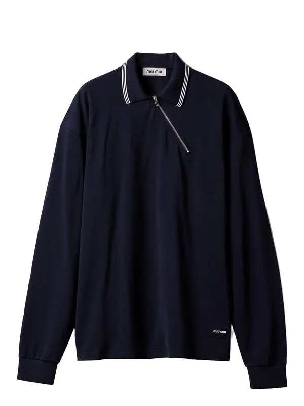 Miu Miu Cotton Piqué Zippered Polo Shirt - Navy